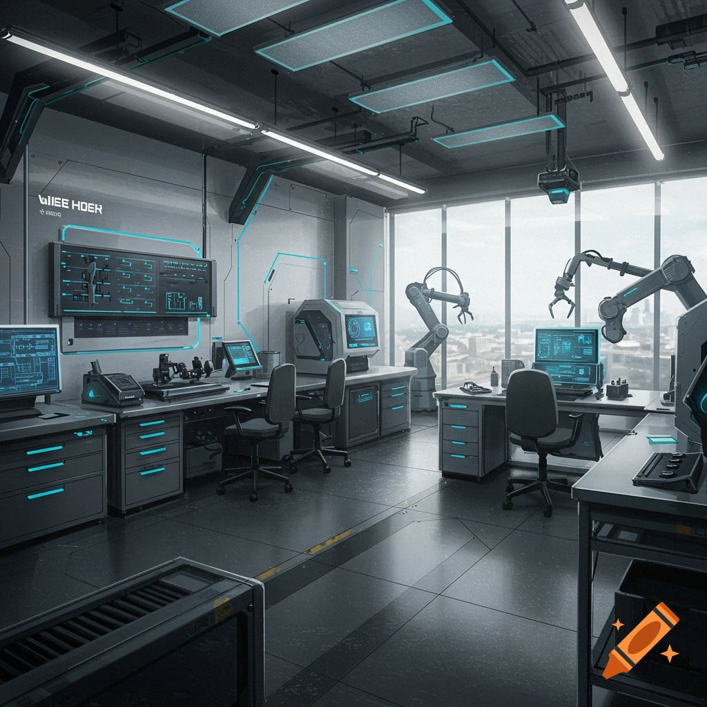 A futuristic, blue-toned laboratory with robotic arms, multiple ...