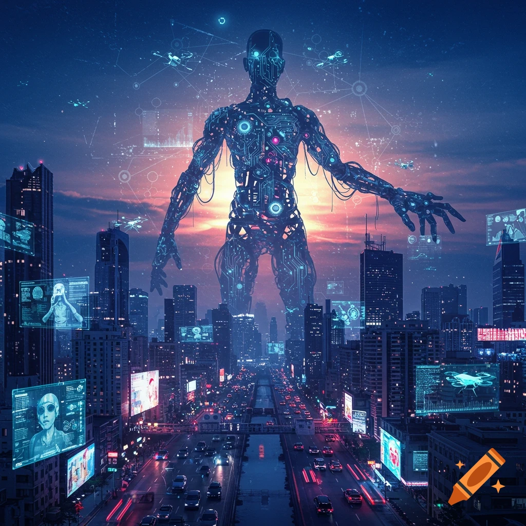 A glowing, circuit-patterned humanoid figure stands tall over a ...
