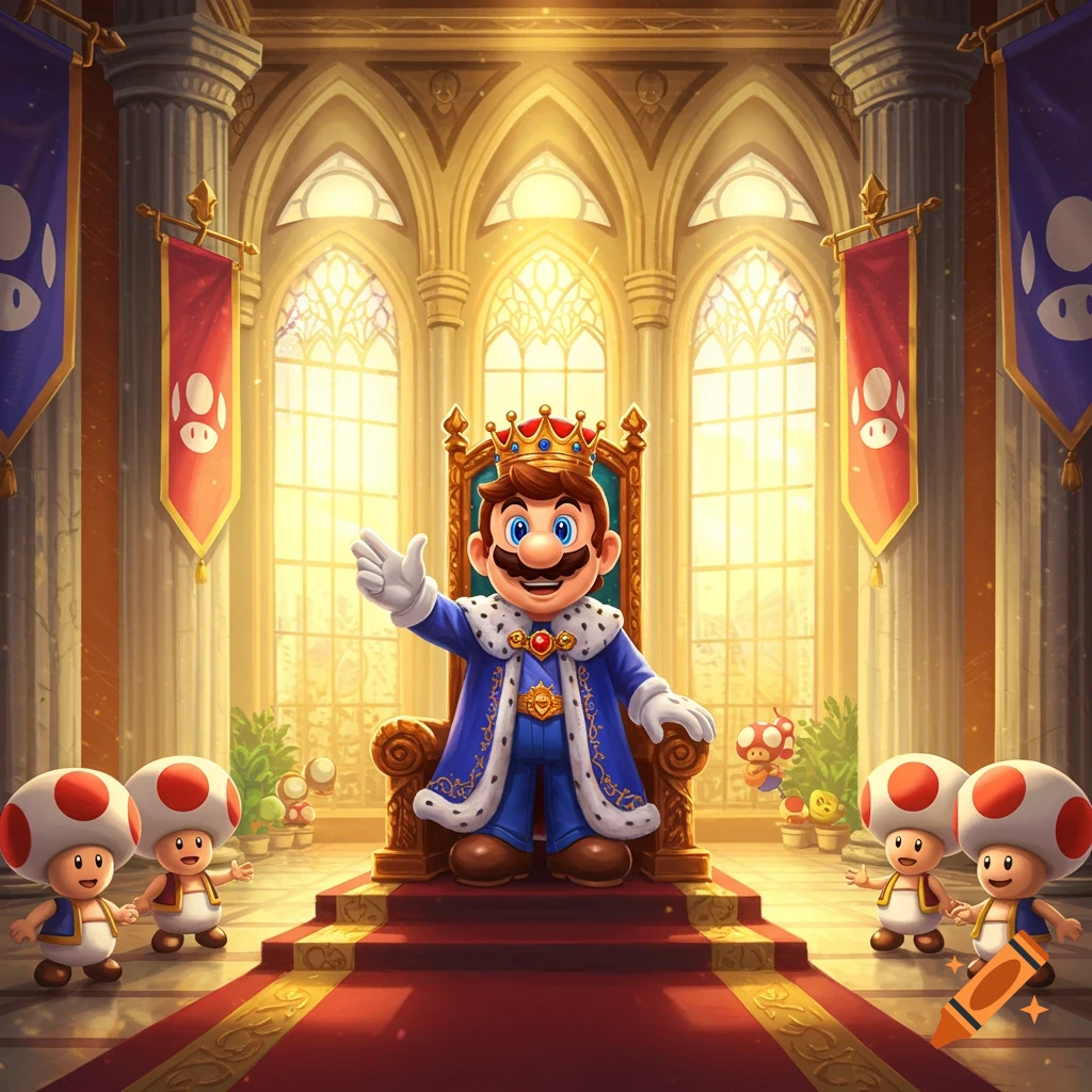 Mario as king, wearing a blue royal robe and crown, sitting on a grand ...