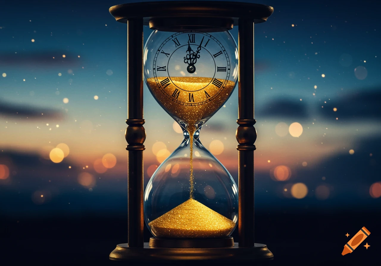 A golden hourglass with glittering sand pouring through, intertwined ...