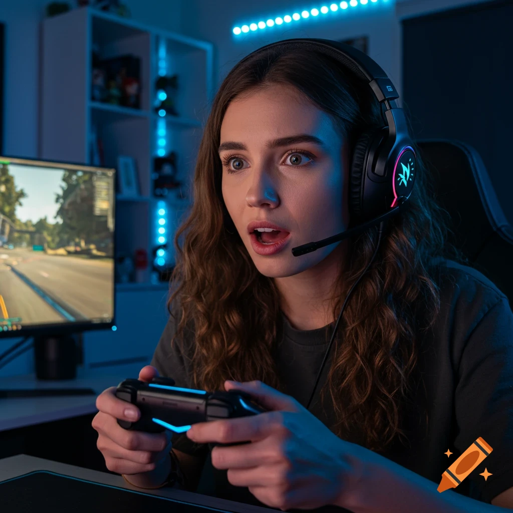 A young woman with curly hair, wearing a gaming headset, looks ...
