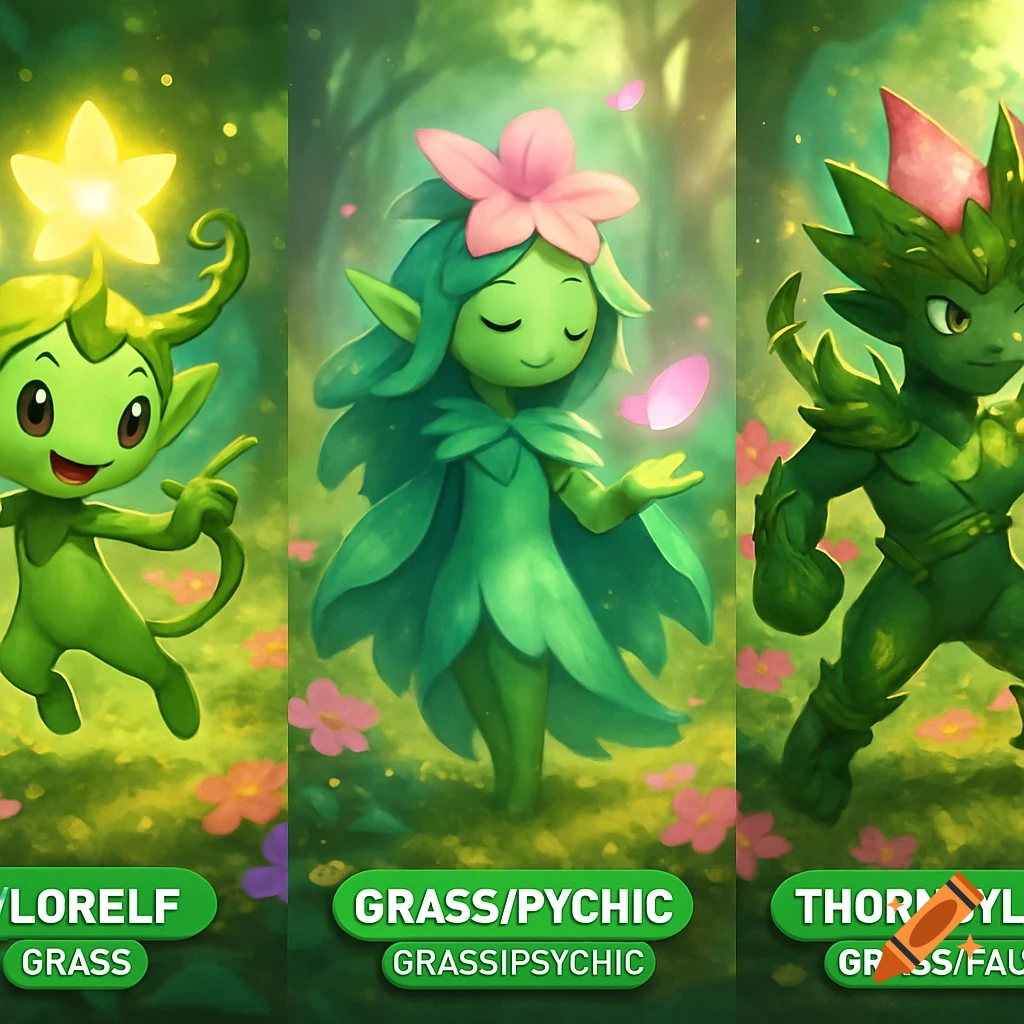 Three green, plant-like fantasy creatures, similar to Pokemon, stand in ...