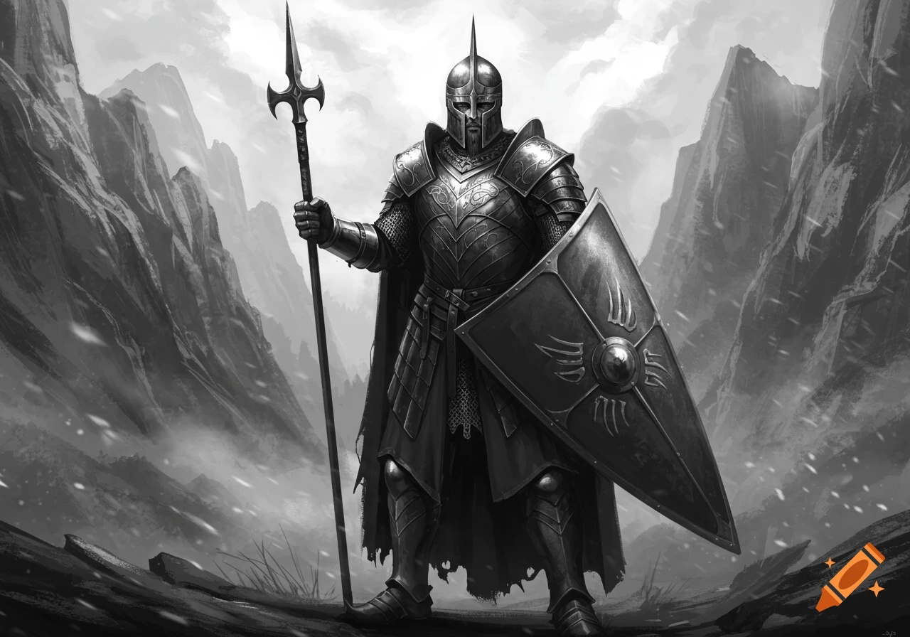 Black and white depiction of a medieval knight in full armor, holding a ...