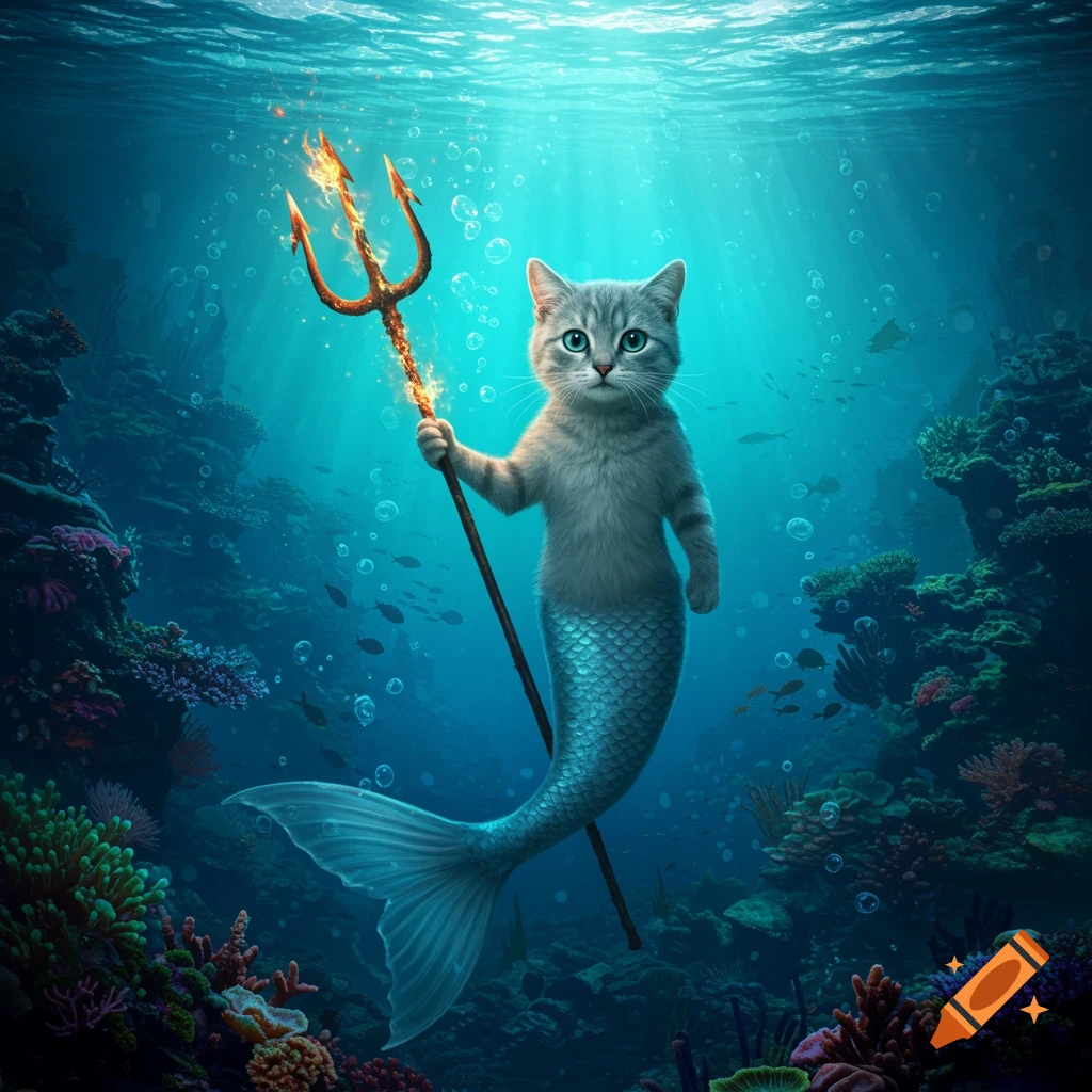 A grey tabby cat with a blue mermaid tail holds a fiery trident ...