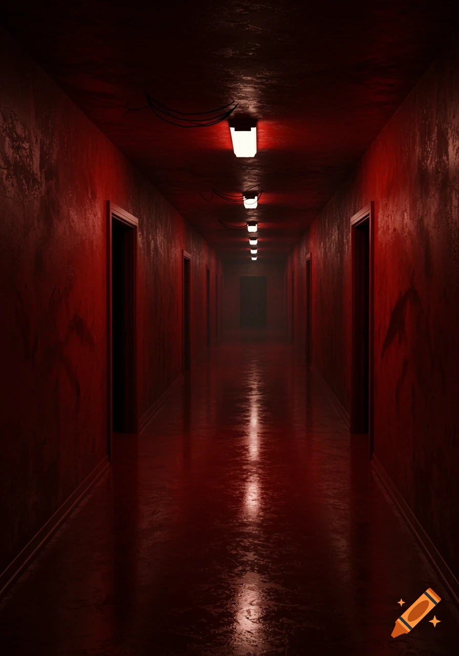 A long, dark wooden hallway with many closed doors and dim ceiling ...