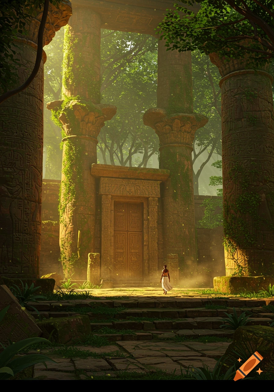 A lone figure approaches a large wooden door amidst colossal, moss ...