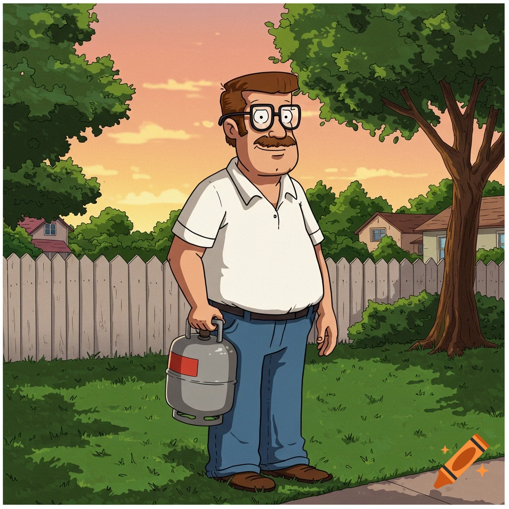 Cartoon man resembling Hank Hill from King of the Hill, holding a ...