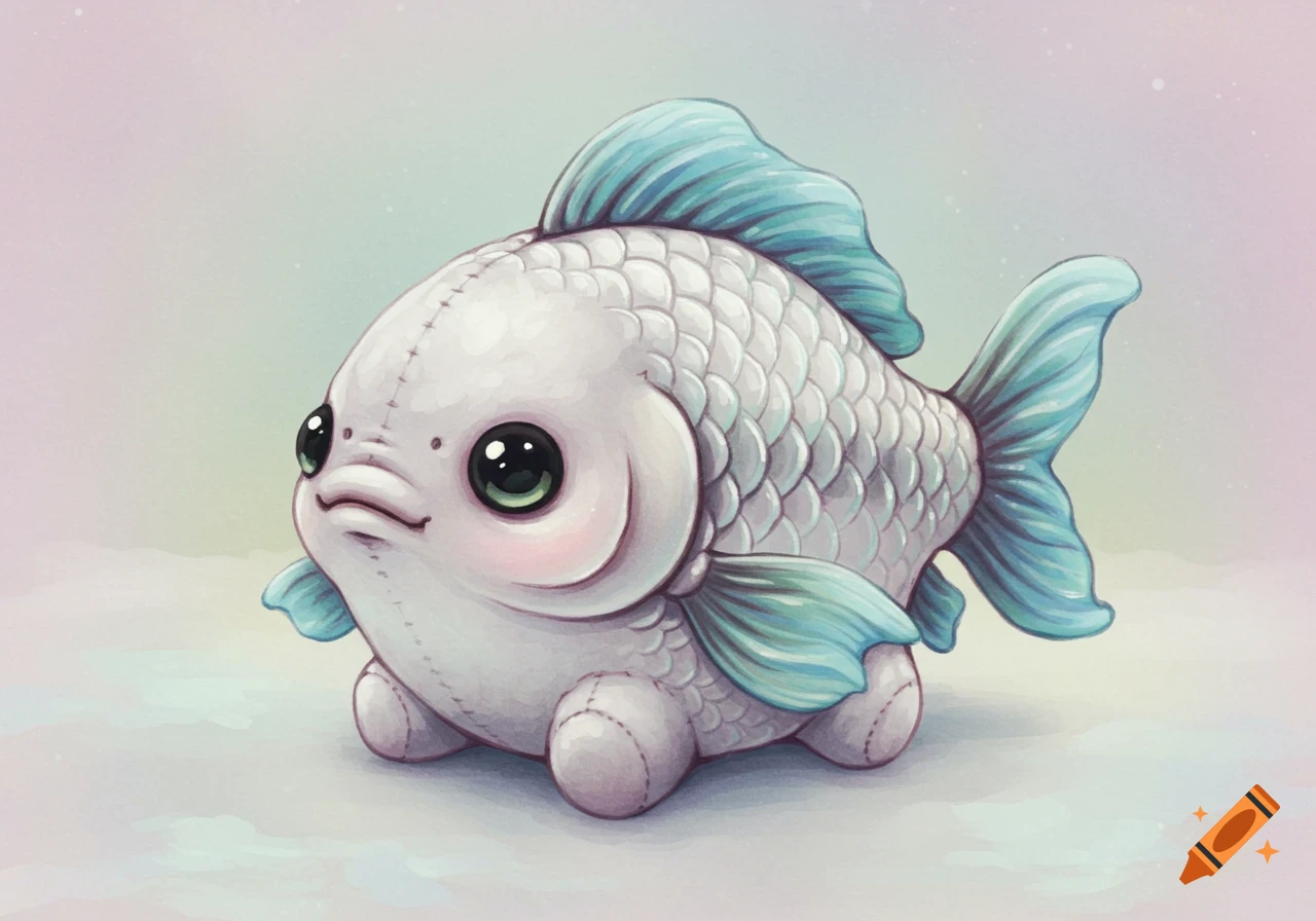 A cute, chubby white plush fish with large, sparkly black eyes and soft ...