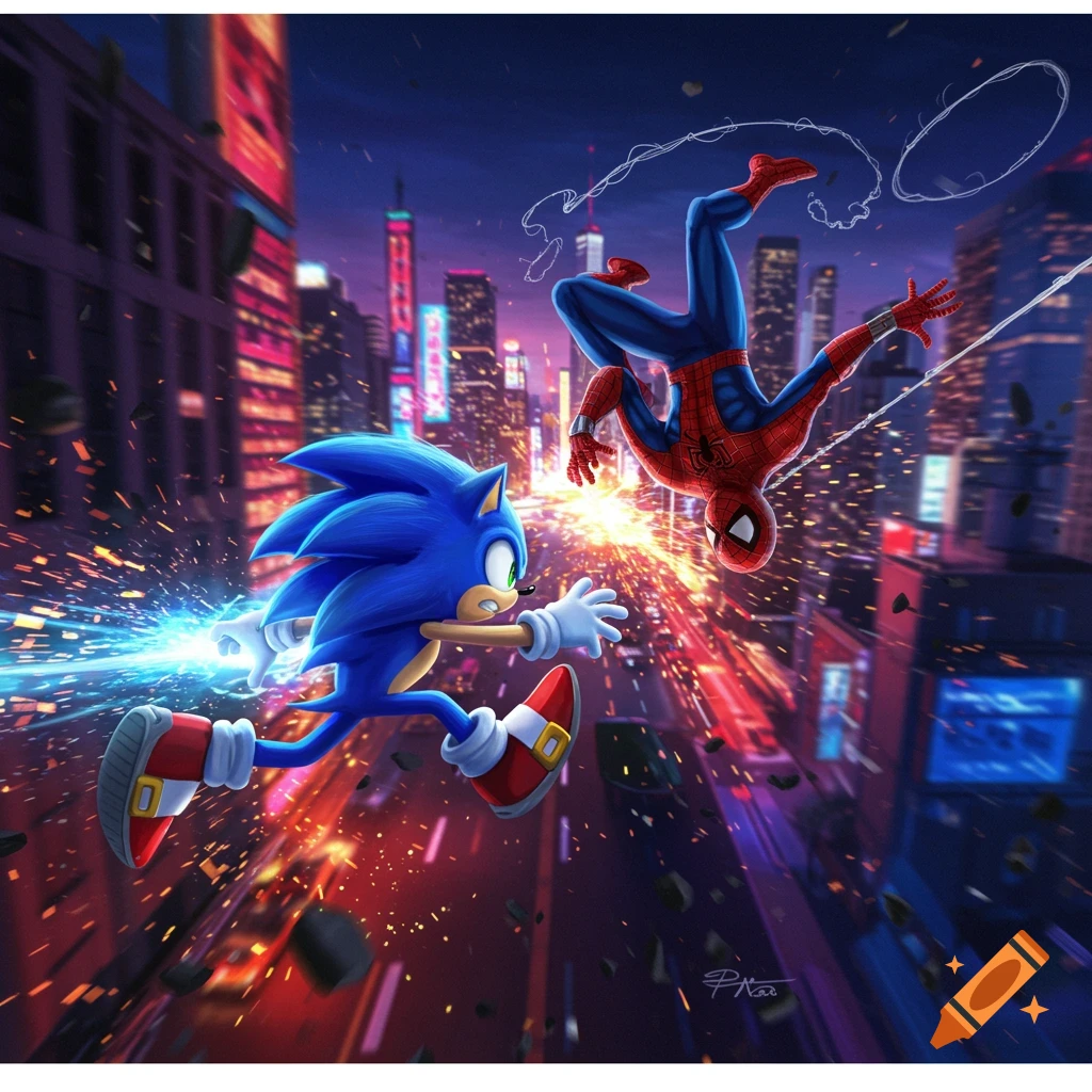 Sonic the Hedgehog and Spider-Man confront each other dynamically in a ...