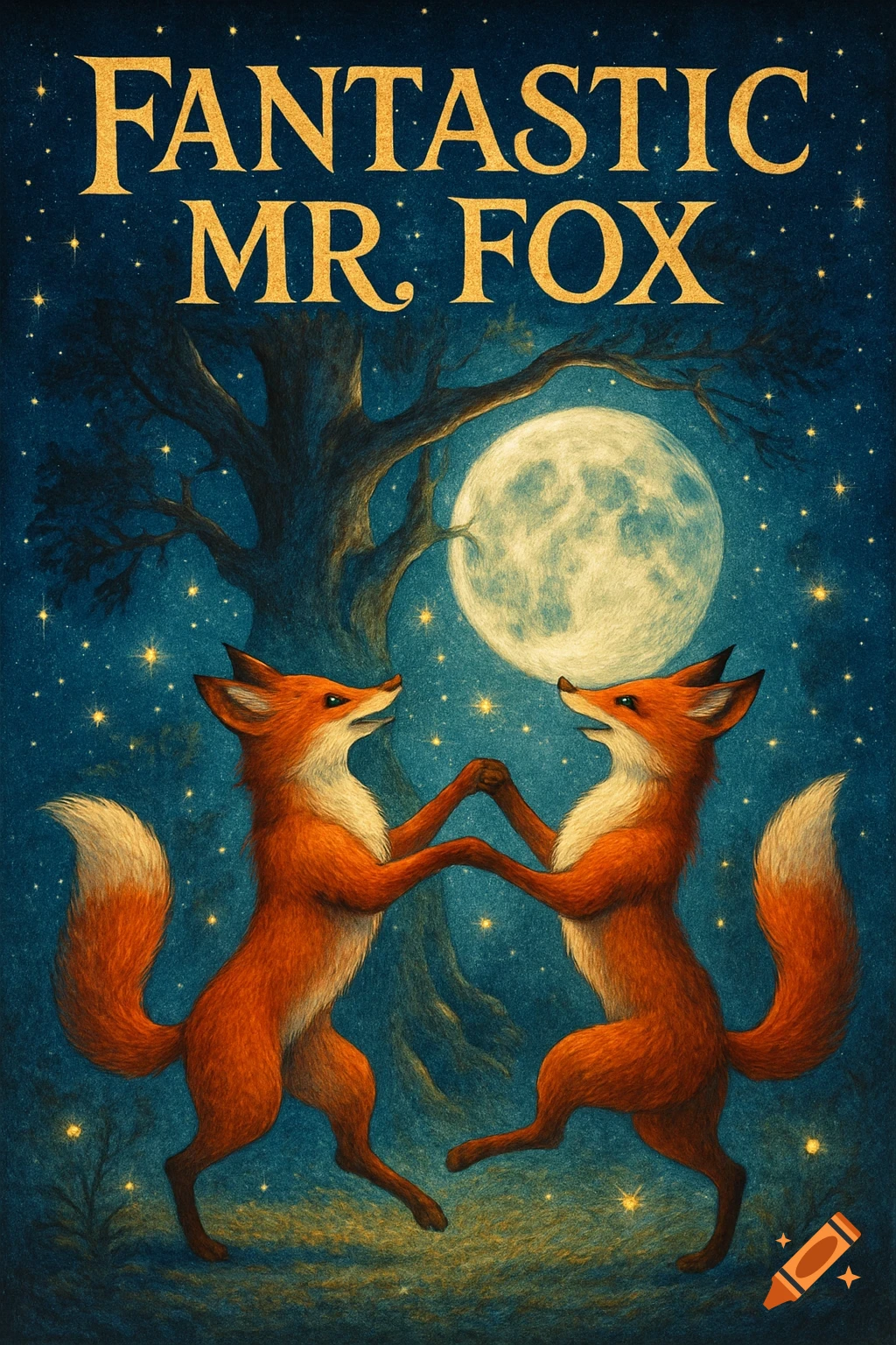 Two red foxes dance under a full moon and starry sky with a tree. Text ...