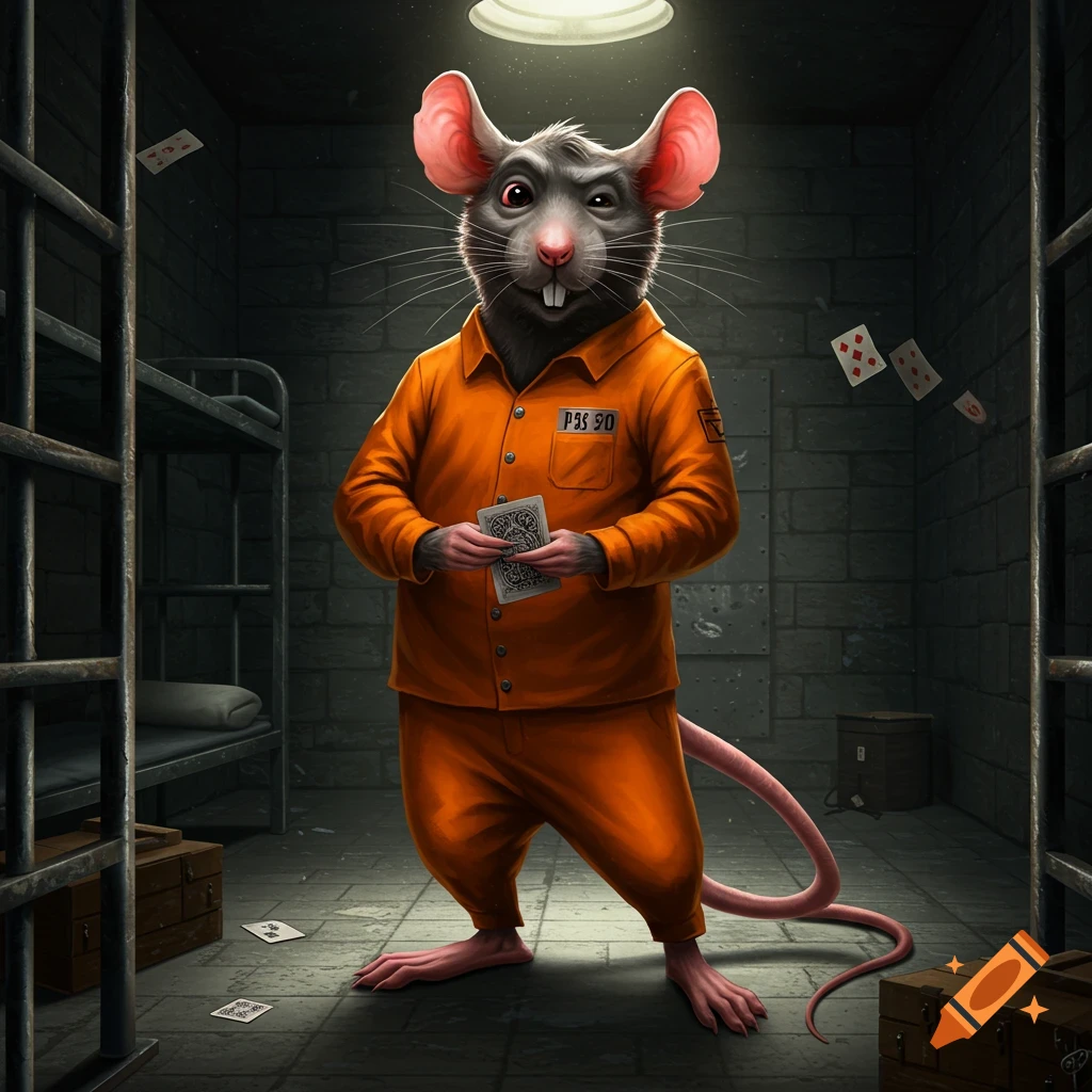 An anthropomorphic rat in an orange prison jumpsuit stands in a dimly ...