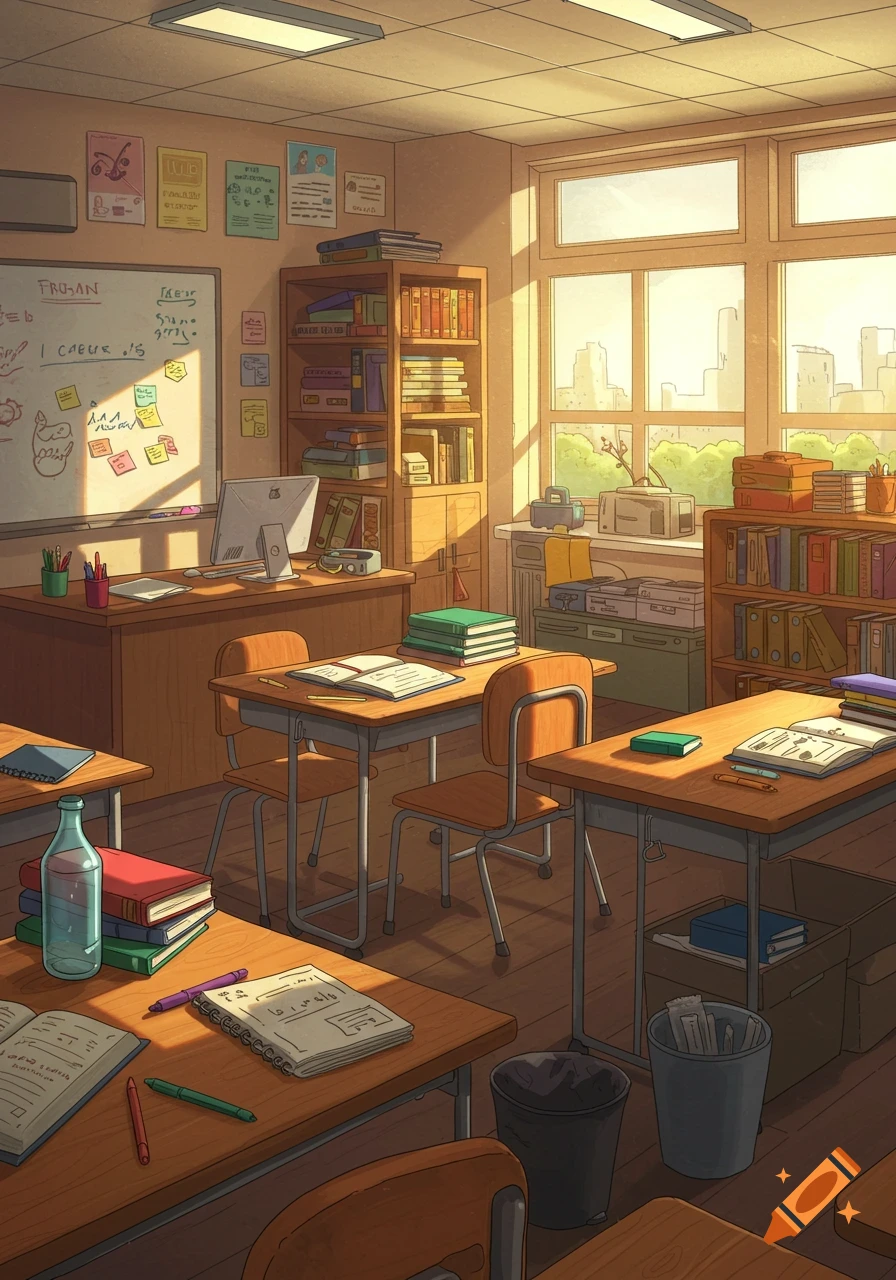 An anime-style classroom bathed in golden sunlight, featuring wooden ...