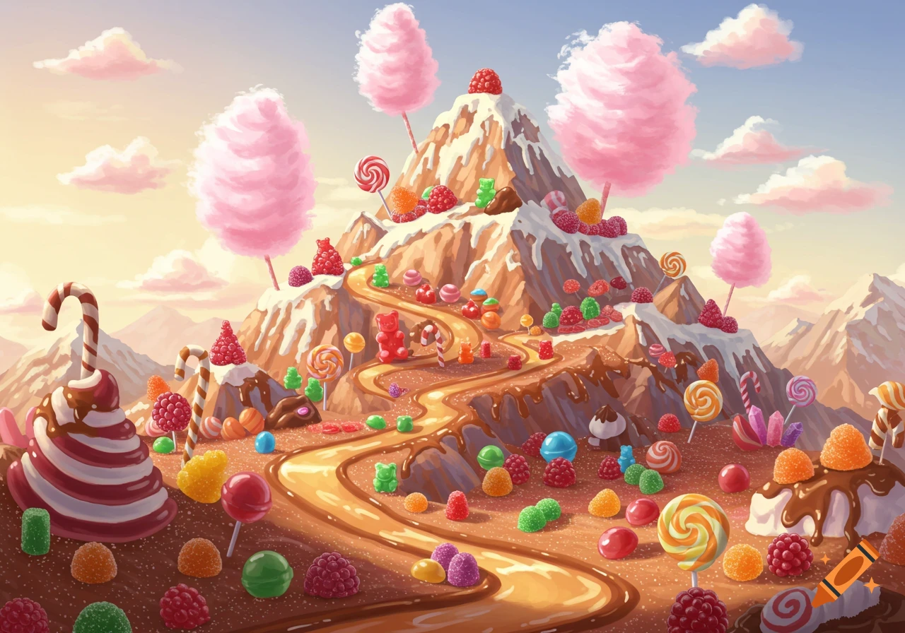A vibrant, colorful illustration of a whimsical candy land with a chocolate river, candy trees ...