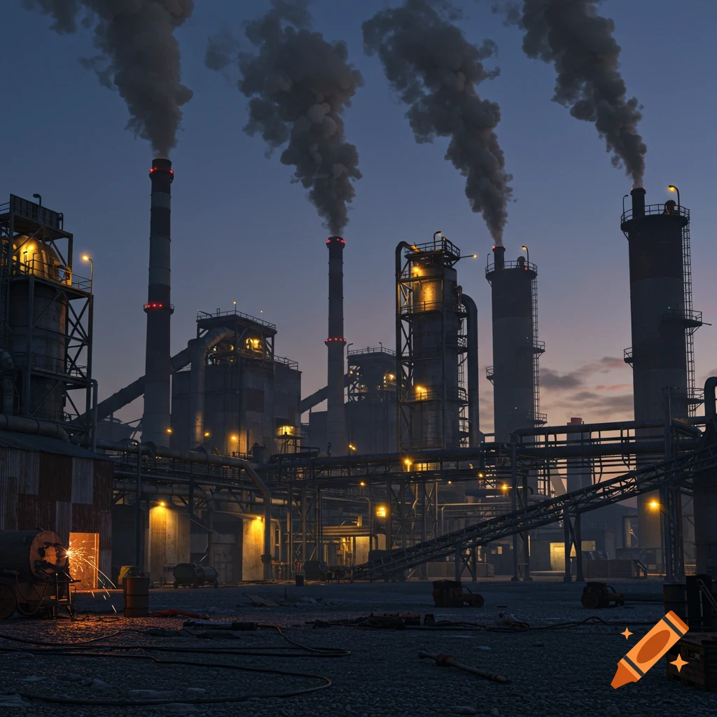 Large industrial building with multi-story windows glowing warm orange ...