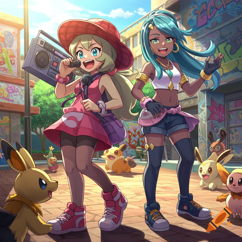 Anime girl resembling Pokemon trainer Rosa and an Eevee-like creature ...