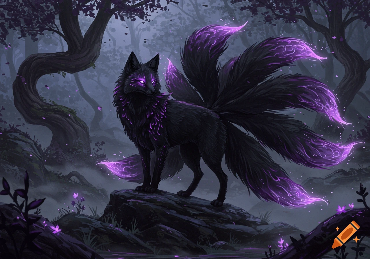 A black kitsune with glowing purple fur and eyes stands on a rock in a ...