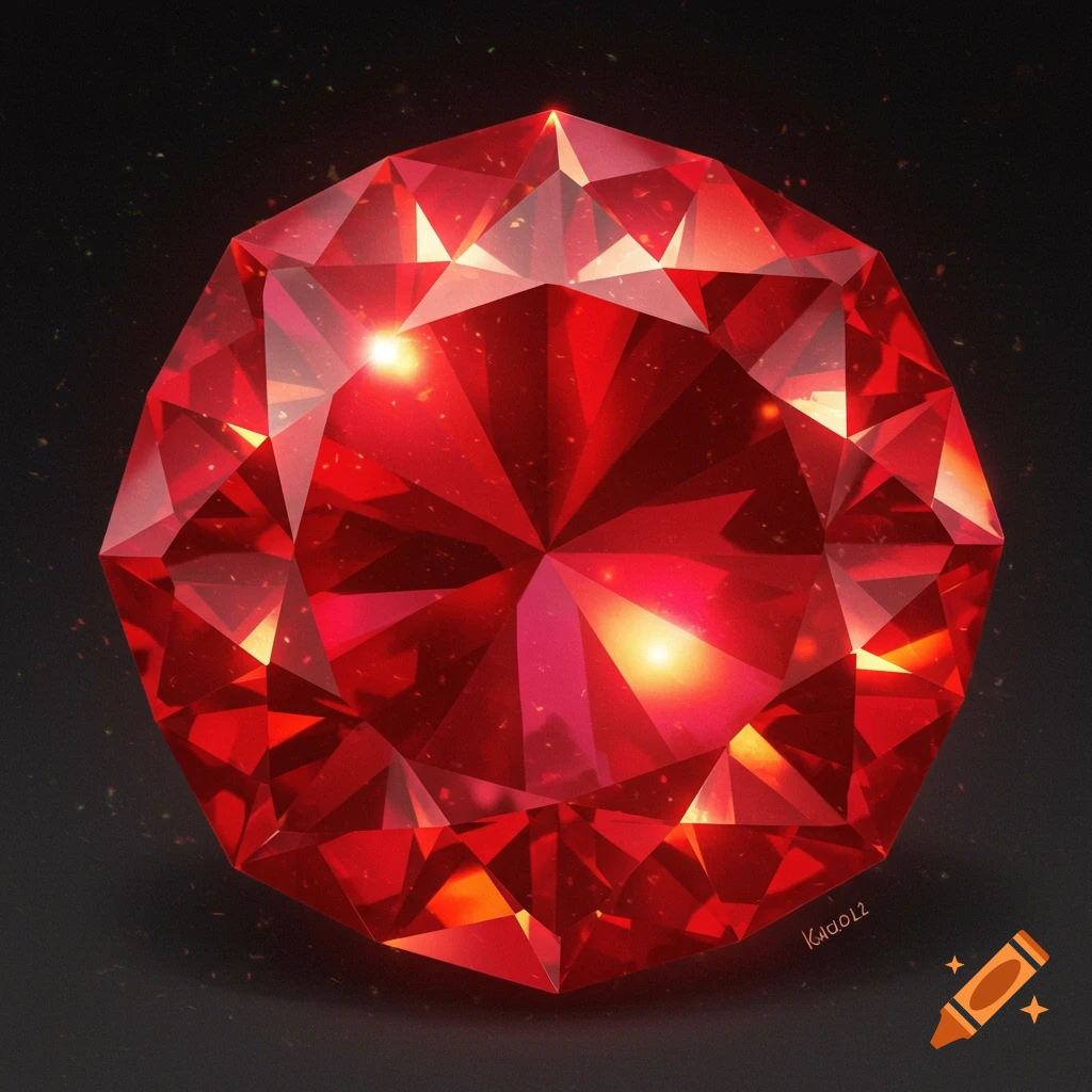 A brilliant, faceted red ruby gemstone glitters against a dark ...