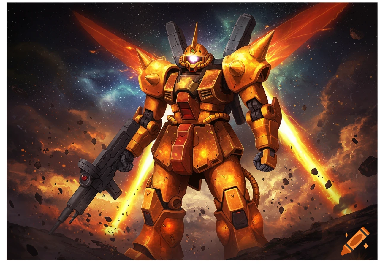 Colossal anime-style mecha with glowing eyes and raised arms, a tiny ...