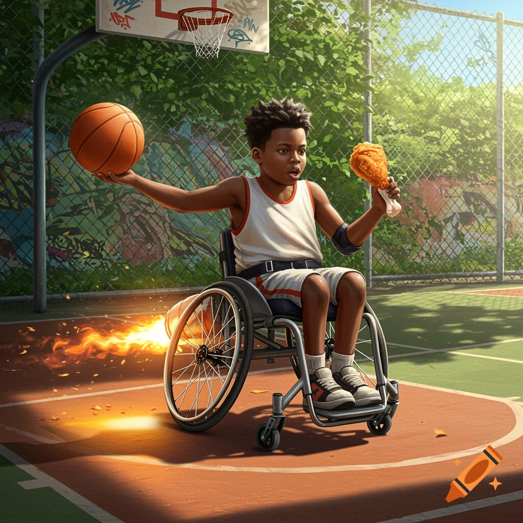 A bald Black child in a wheelchair floats above an erupting volcano ...