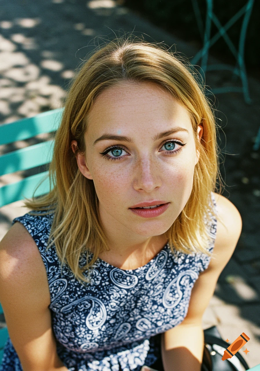 A close-up, high-angle portrait of a blonde woman with blue-green eyes ...