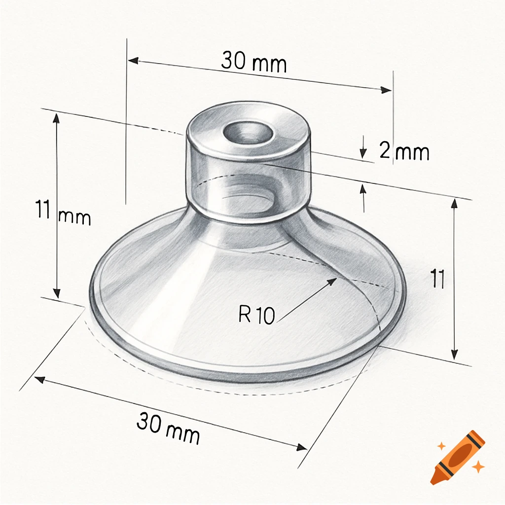 Detailed pencil drawing of a suction cup, labeled with its dimensions ...