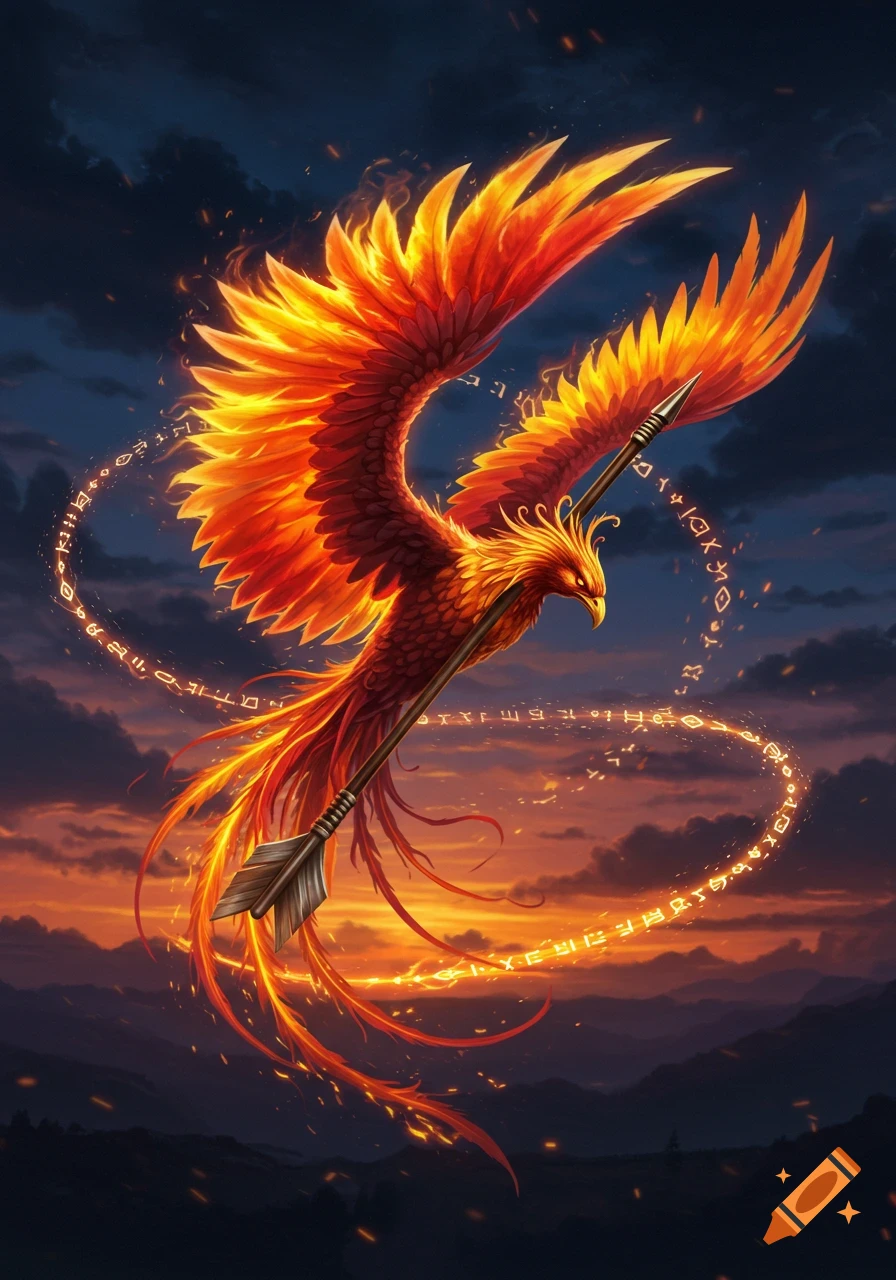 A majestic fiery phoenix soars, clutching an arrow in its talons ...