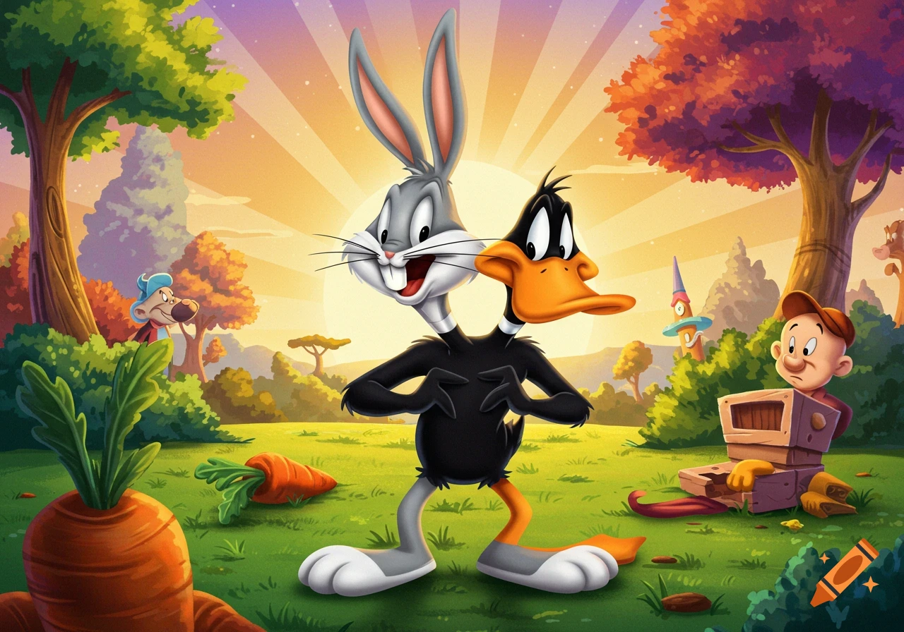 Conjoined Bugs Bunny and Daffy Duck stand in a vibrant cartoon ...