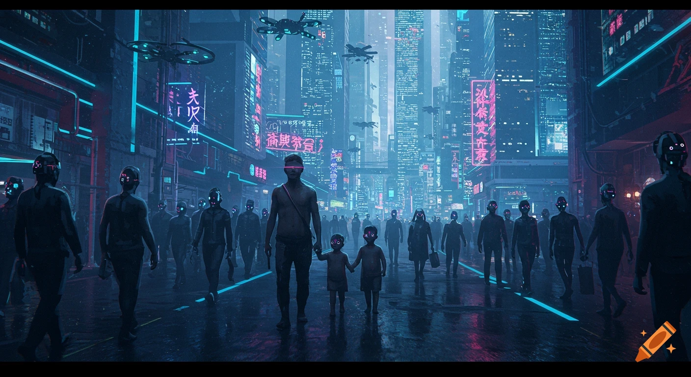 A solitary figure in a VR headset stands in a cyberpunk city under a ...