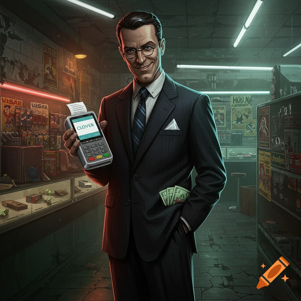 A shady man in a dark suit and glasses holds a Clover POS terminal in a ...