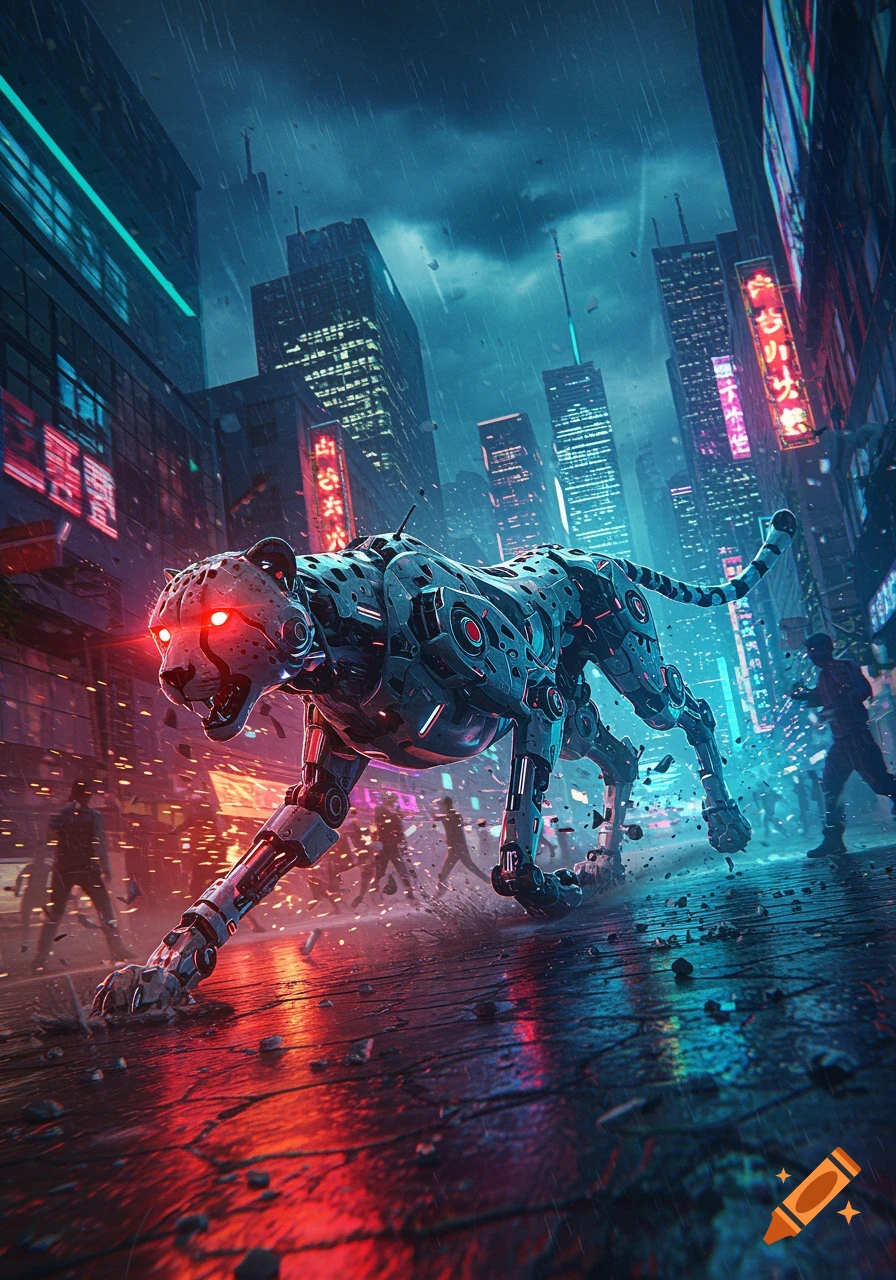 A robotic cheetah with glowing red eyes strides through a rainy ...