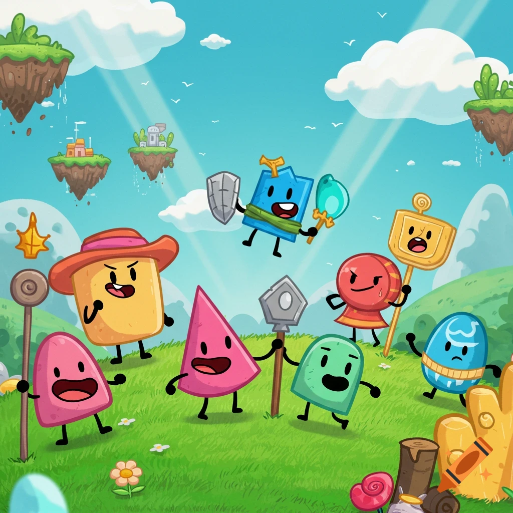 A vibrant cartoon scene of various object-like characters with faces ...