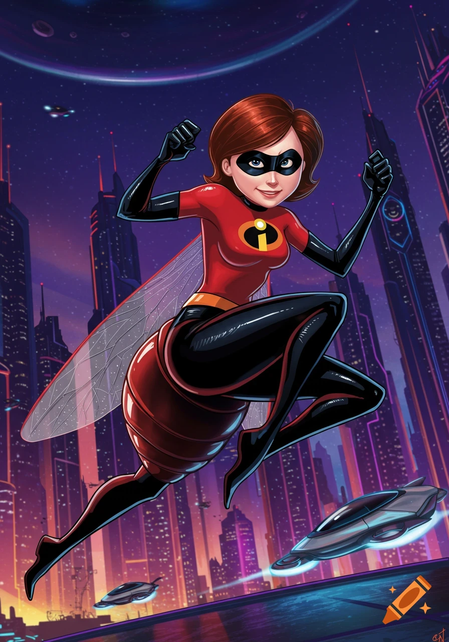 Elastigirl, modified with a large segmented insect abdomen and transparent wings, flies over a ...