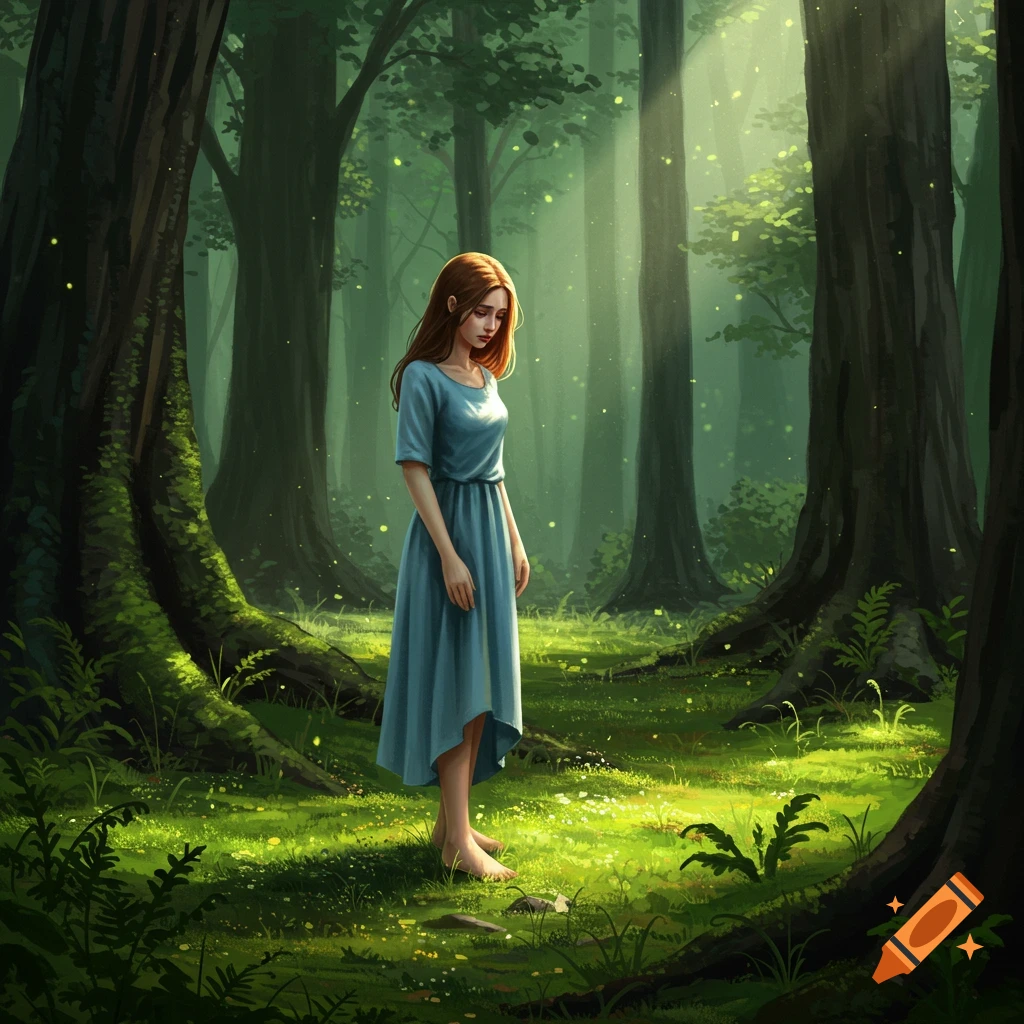A sad woman in a blue dress stands barefoot in a sunlit forest clearing ...