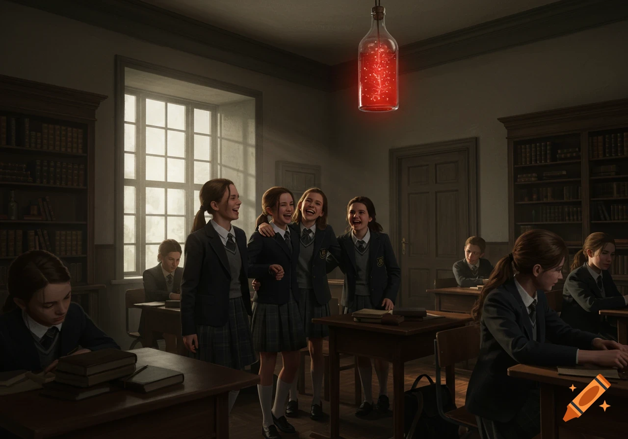 Four girls in school uniforms laugh together in a dark classroom with ...