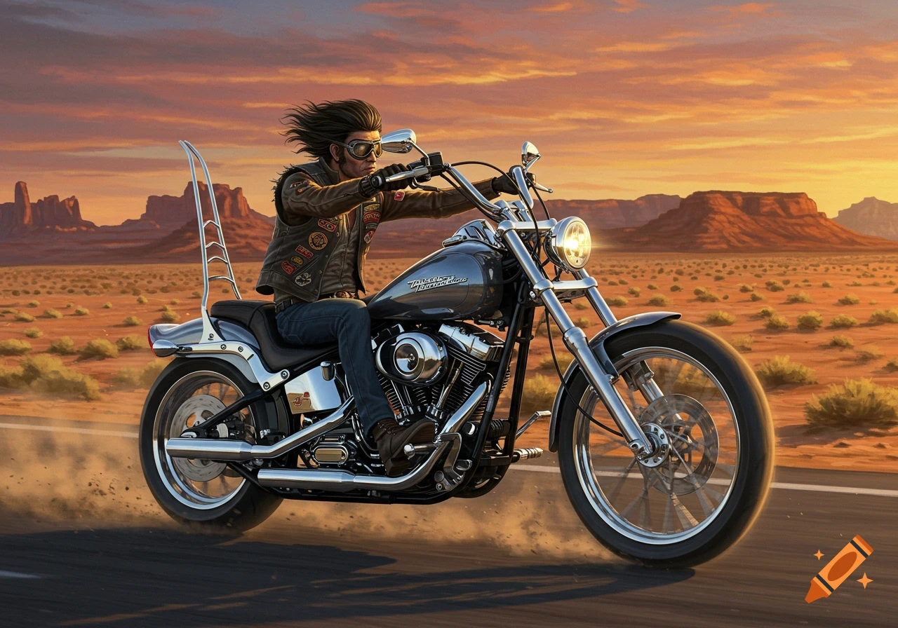 Santa Claus in a red suit riding a red motorcycle through a desert ...