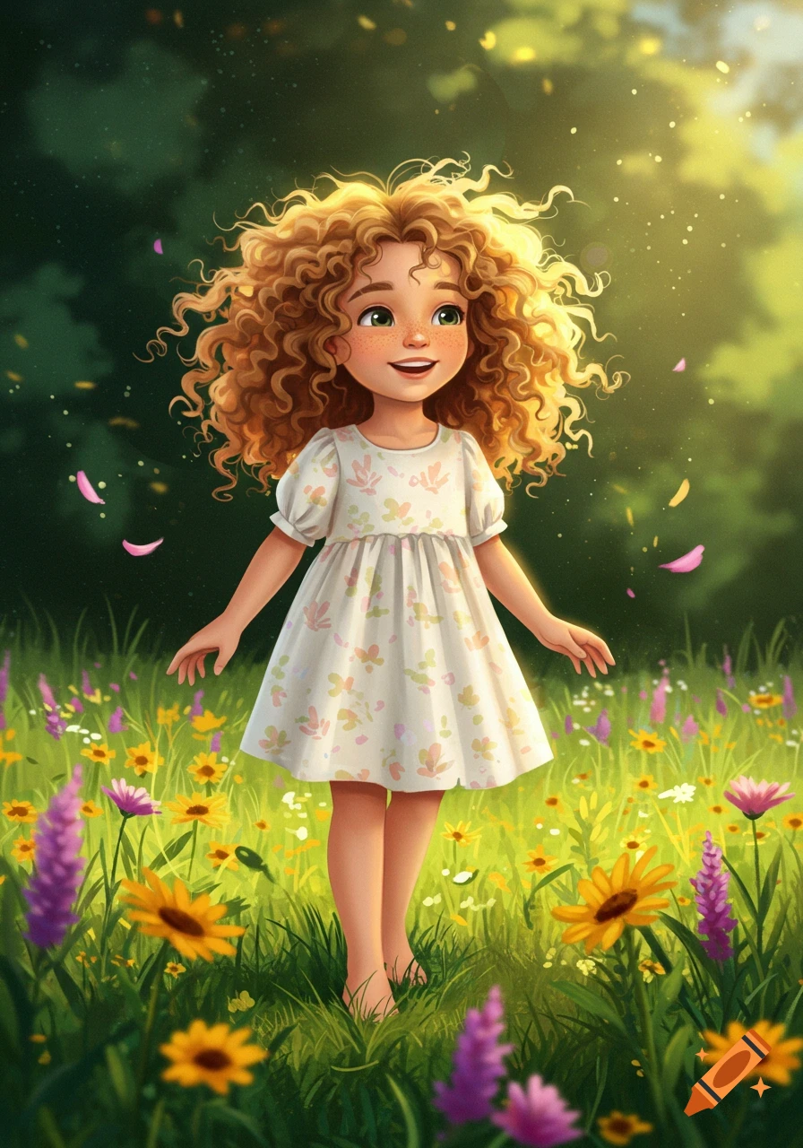 A happy cartoon girl with curly hair stands in a sunny meadow filled ...