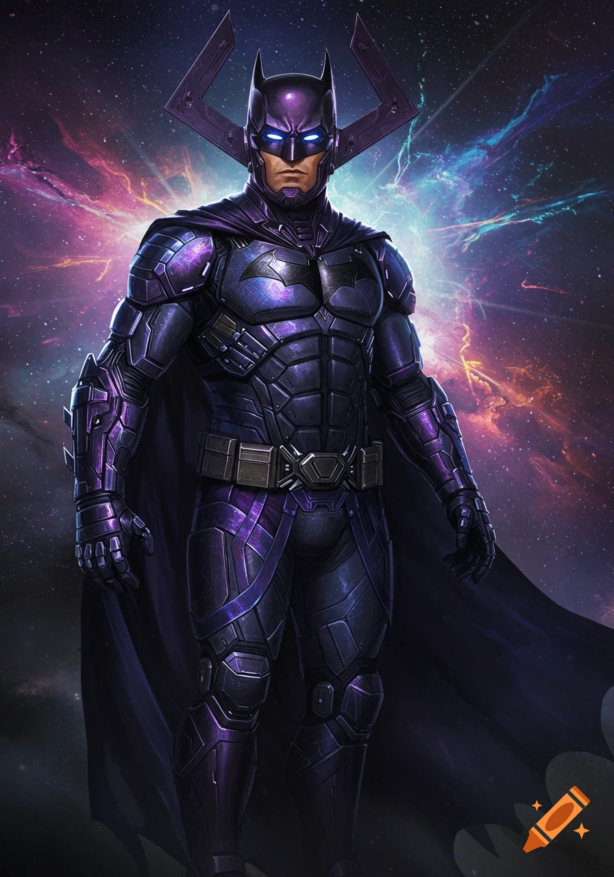 A heavily armored Batman-like figure in purple and blue with large ...