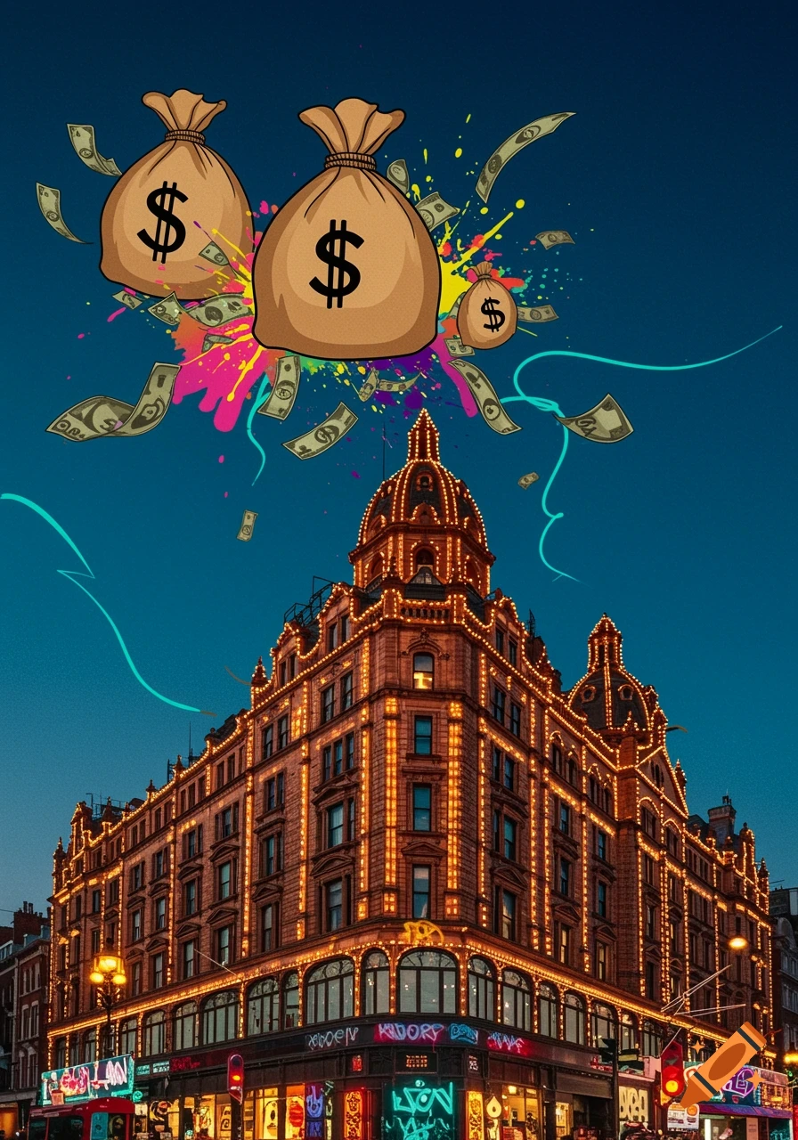 A funky poster featuring the Harrods building at dusk, illuminated with ...