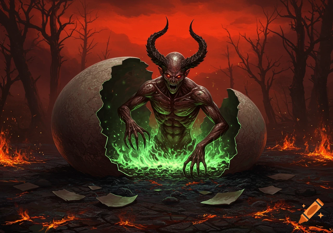 A horned demon with red eyes and sharp teeth emerges from a cracked egg ...