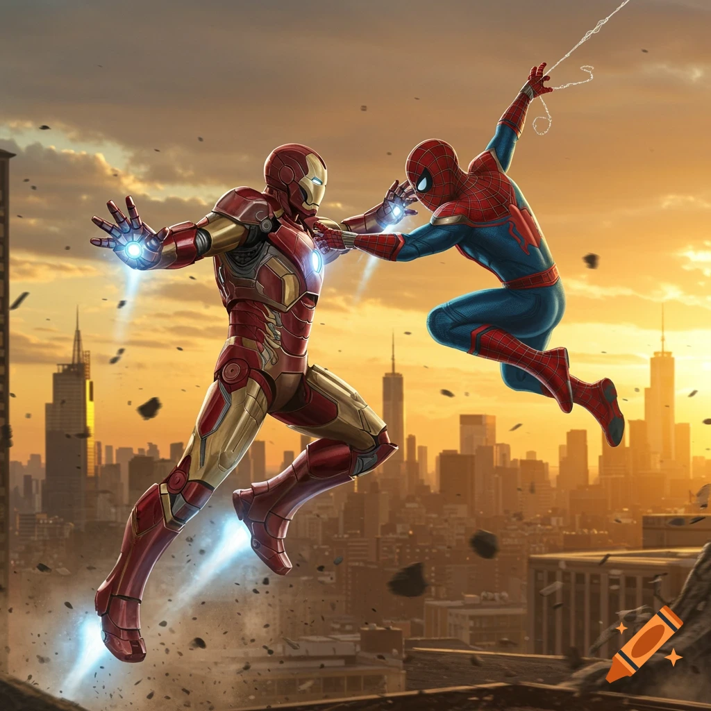 Iron Man and Spider-Man fighting mid-air over a city at sunset, in a ...