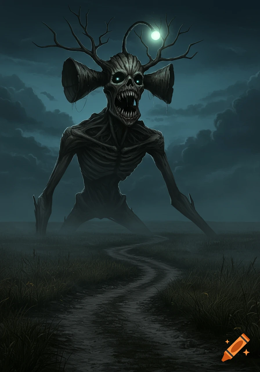 A monstrous, pale-skinned creature with glowing red eyes, sharp teeth, and a skeletal body ...