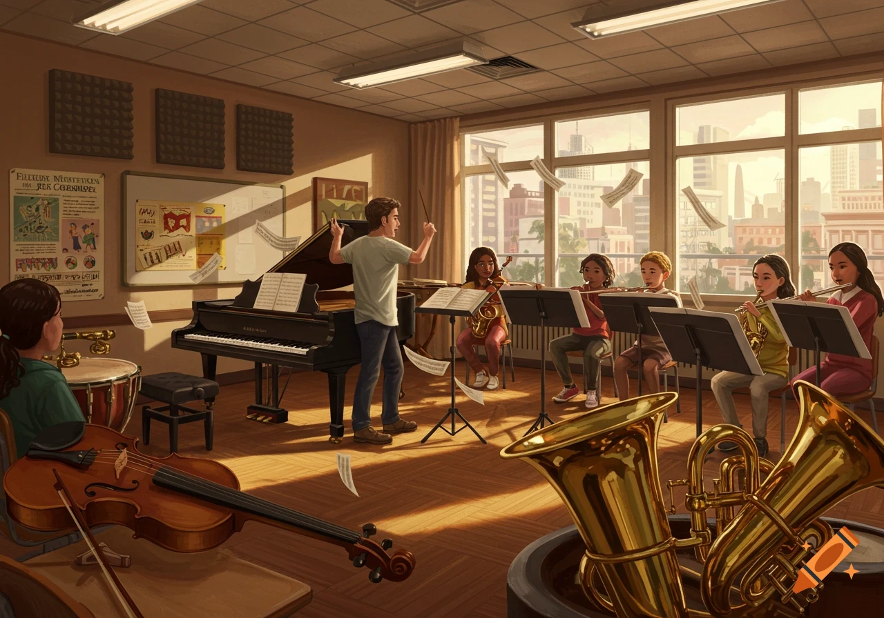 A vibrant blue and orange pointillist guitar floats in a sunlit room ...