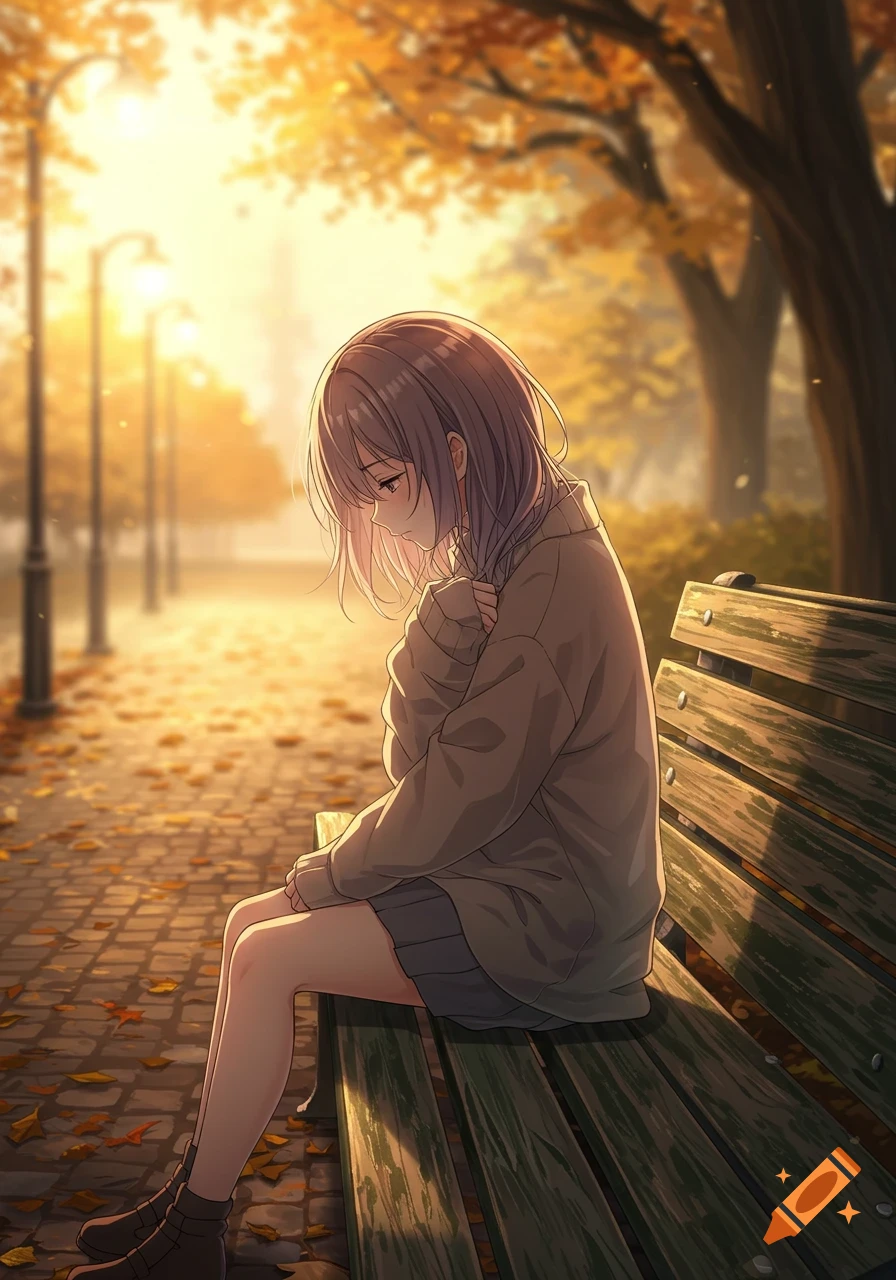 An anime girl sits on a park bench in the autumn, looking down in warm ...