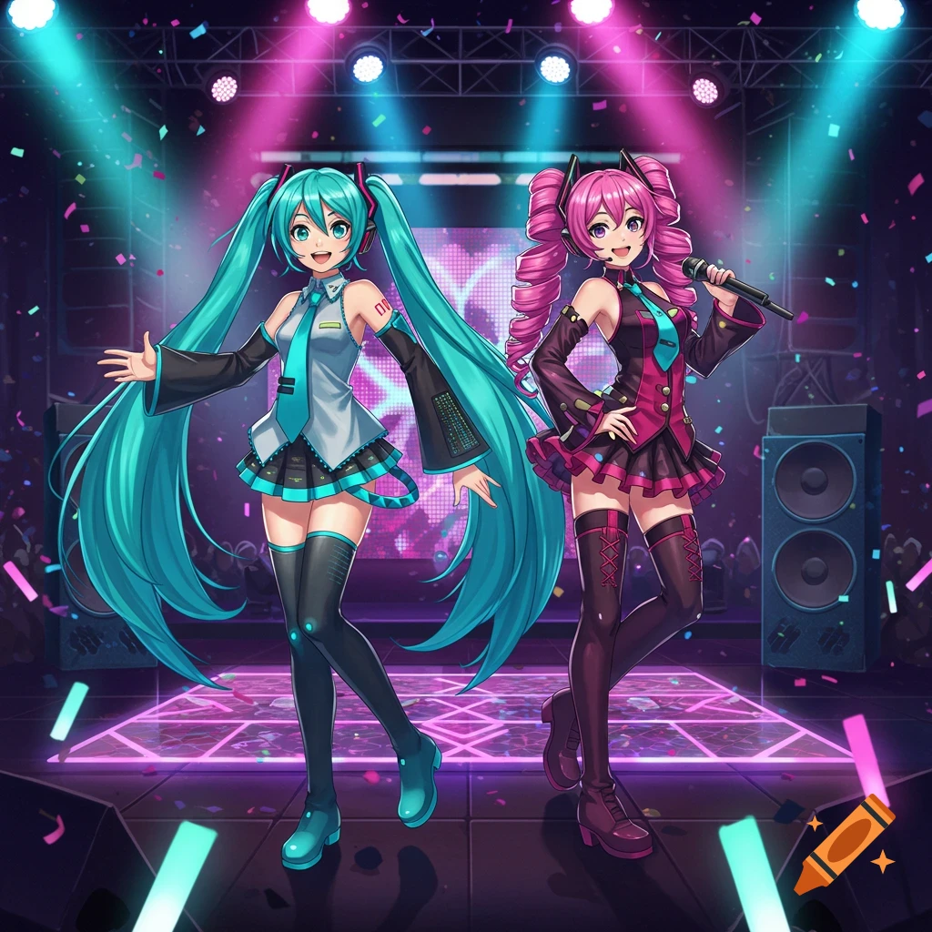 Two anime girls, Hatsune Miku with blue-green pigtails and Kasane Teto ...