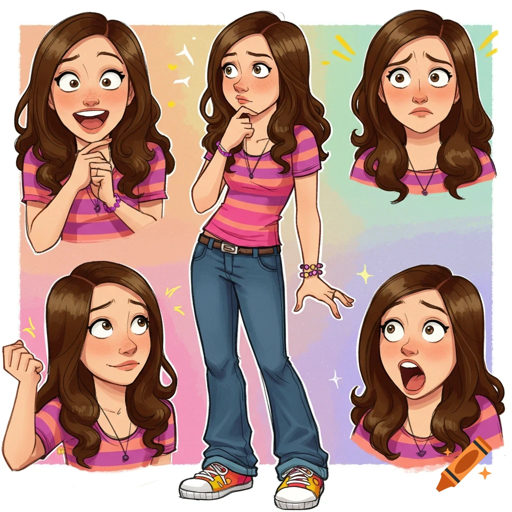 A 2D cartoon character with brown hair and a striped shirt is depicted ...