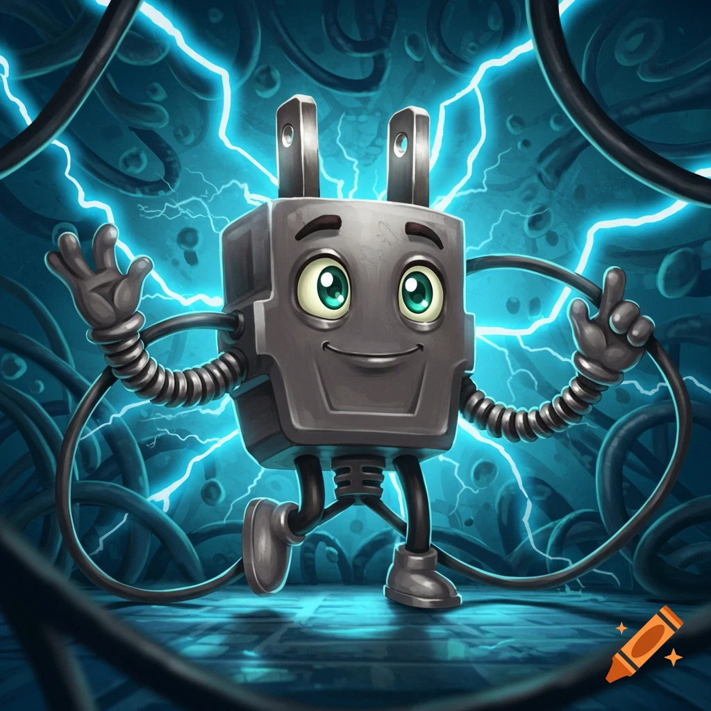 A smiling, cartoon electrical plug character with green eyes, spring ...