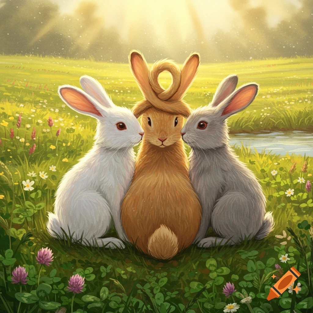 Three rabbits, a brown one with spiral ears between a white and a grey ...