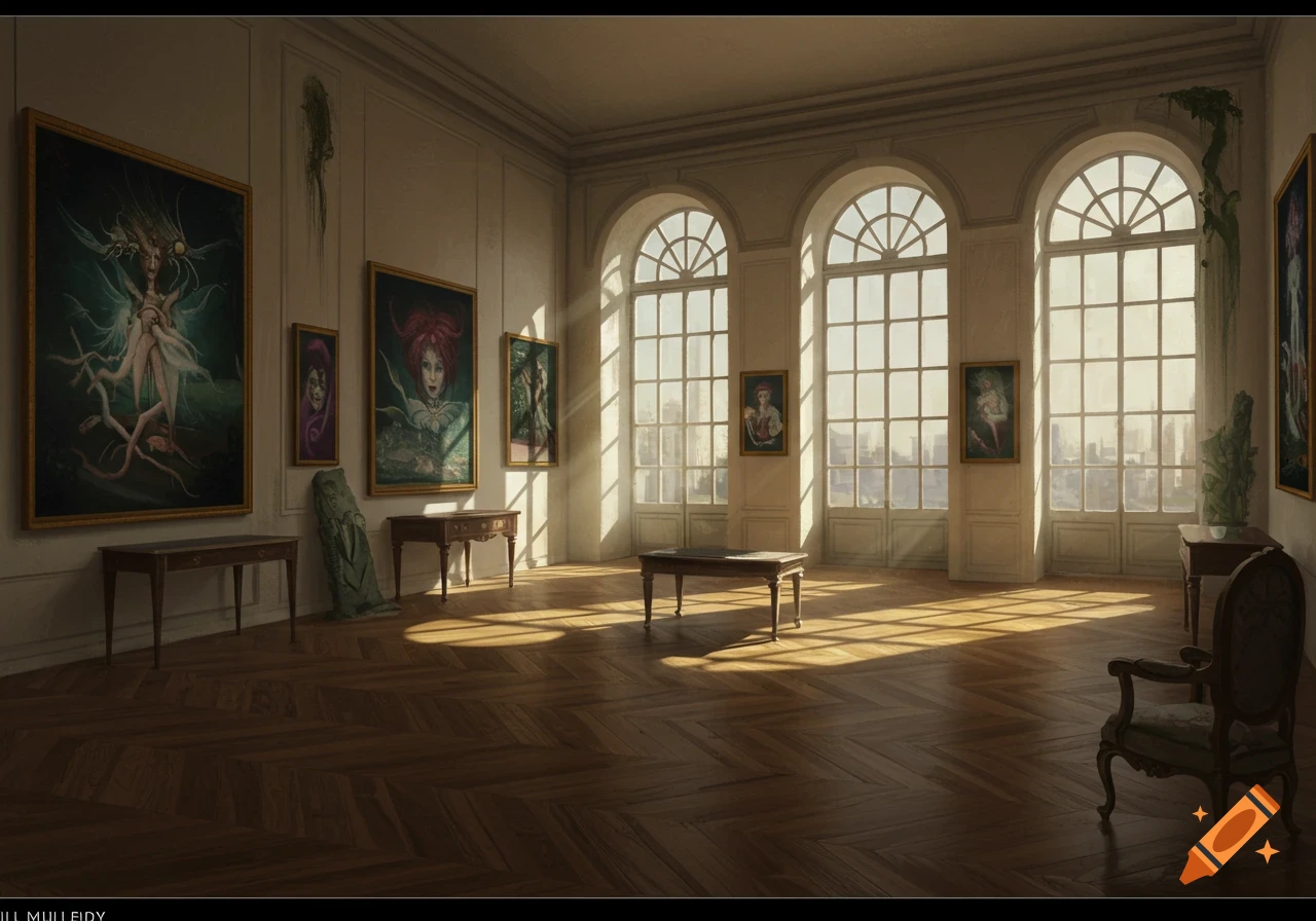 A grand art gallery room with a herringbone wood floor, large arched ...