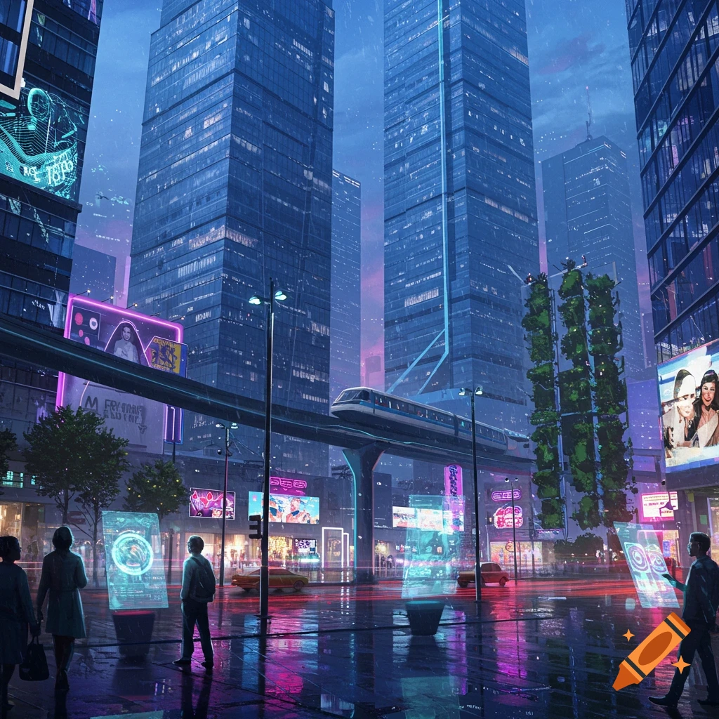 A vibrant, futuristic cityscape at night with towering skyscrapers, a ...