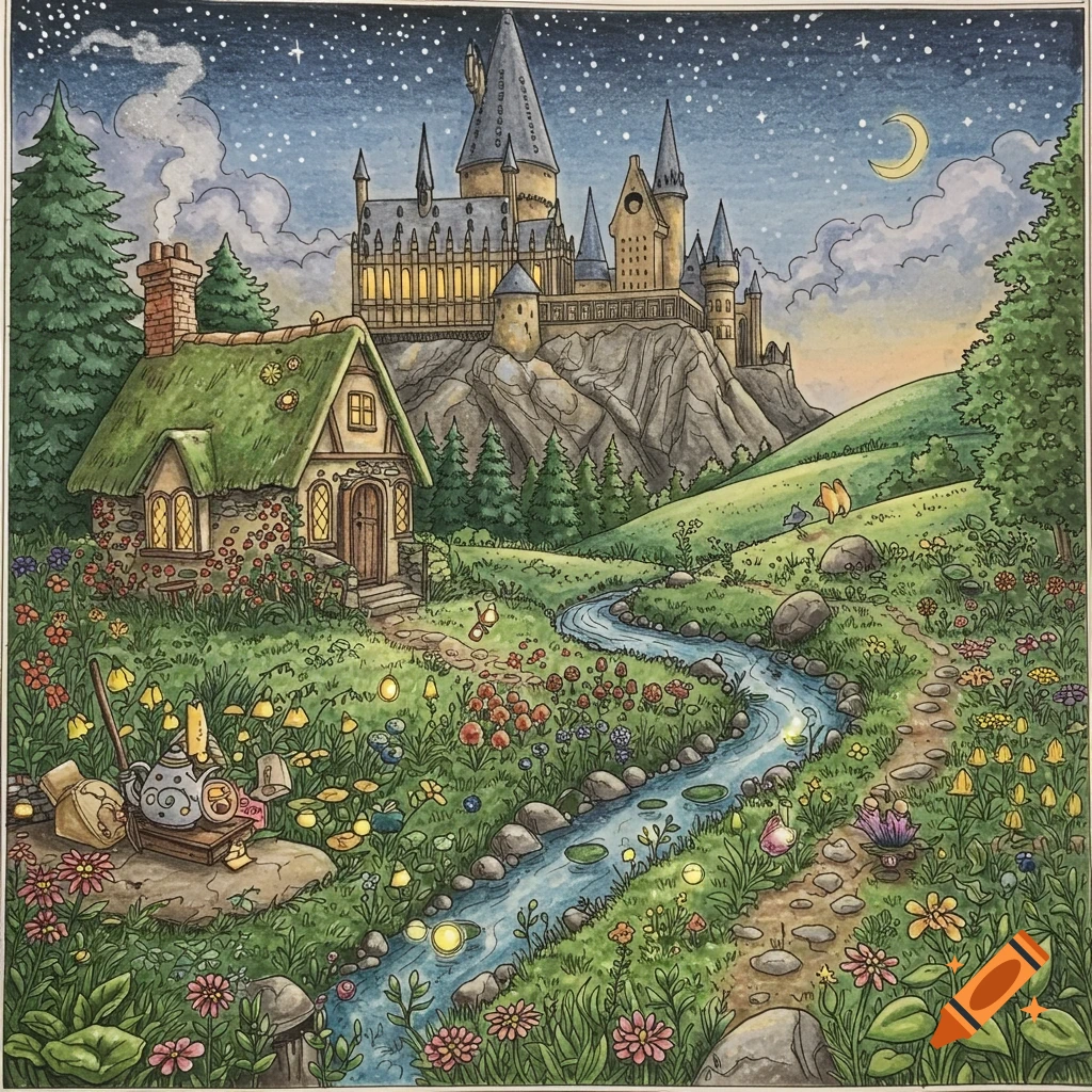 A whimsical illustration of a grand castle on a hill overlooking a ...